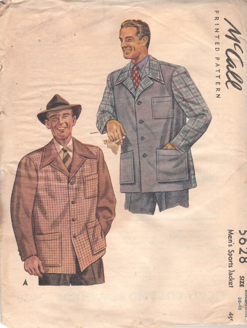 1940s McCall 5628 Mens Sports Jacket Pattern Contrasting | Etsy