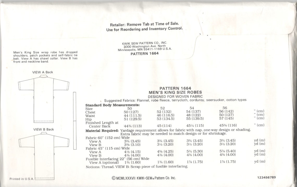 Kwik Sew 1664 1980s Mens King Size Wrap Robe Pattern Dropped Shoulders ...