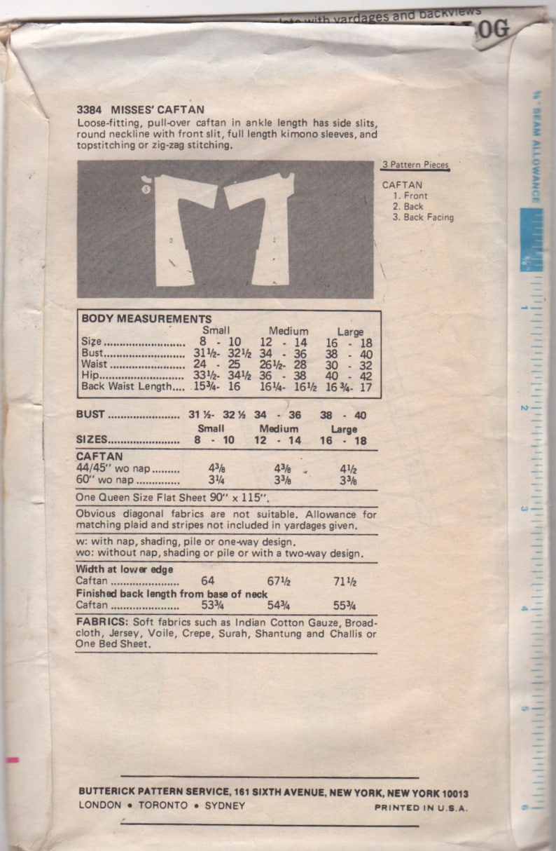 Butterick 3384 1970s Easy Sensational Pullover Misses CAFTAN - Etsy