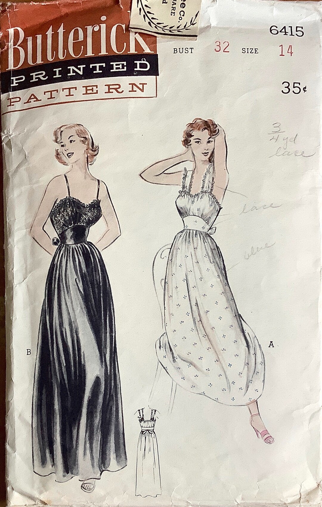 Butterick 6415 1950s Misses Nightgown Pattern Fitted Midriff Shaped ...