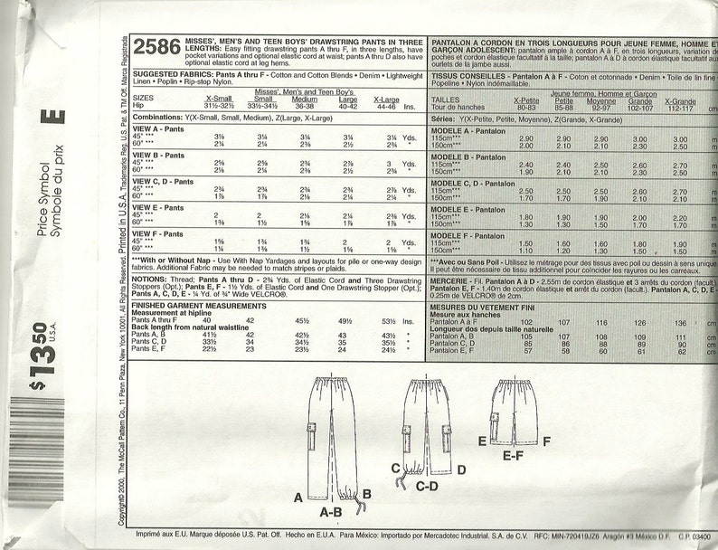 Mccalls 2586 Unisex Drawstring PANTS Pattern 3 Lengths Mens - Etsy