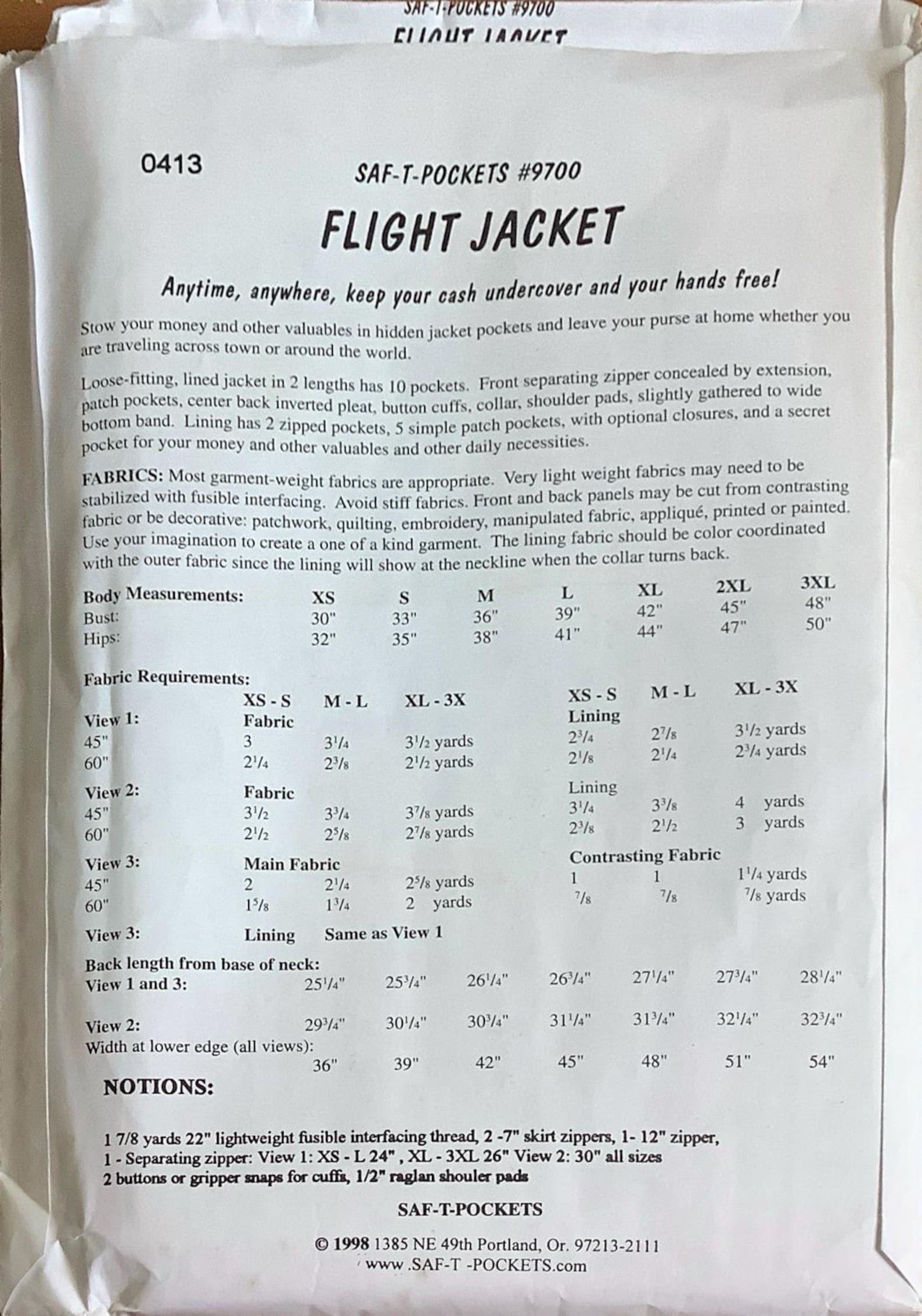 Saf-t Pockets 9700 Flight Jacket Pattern 10 Pockets Kimono Sleeve ...
