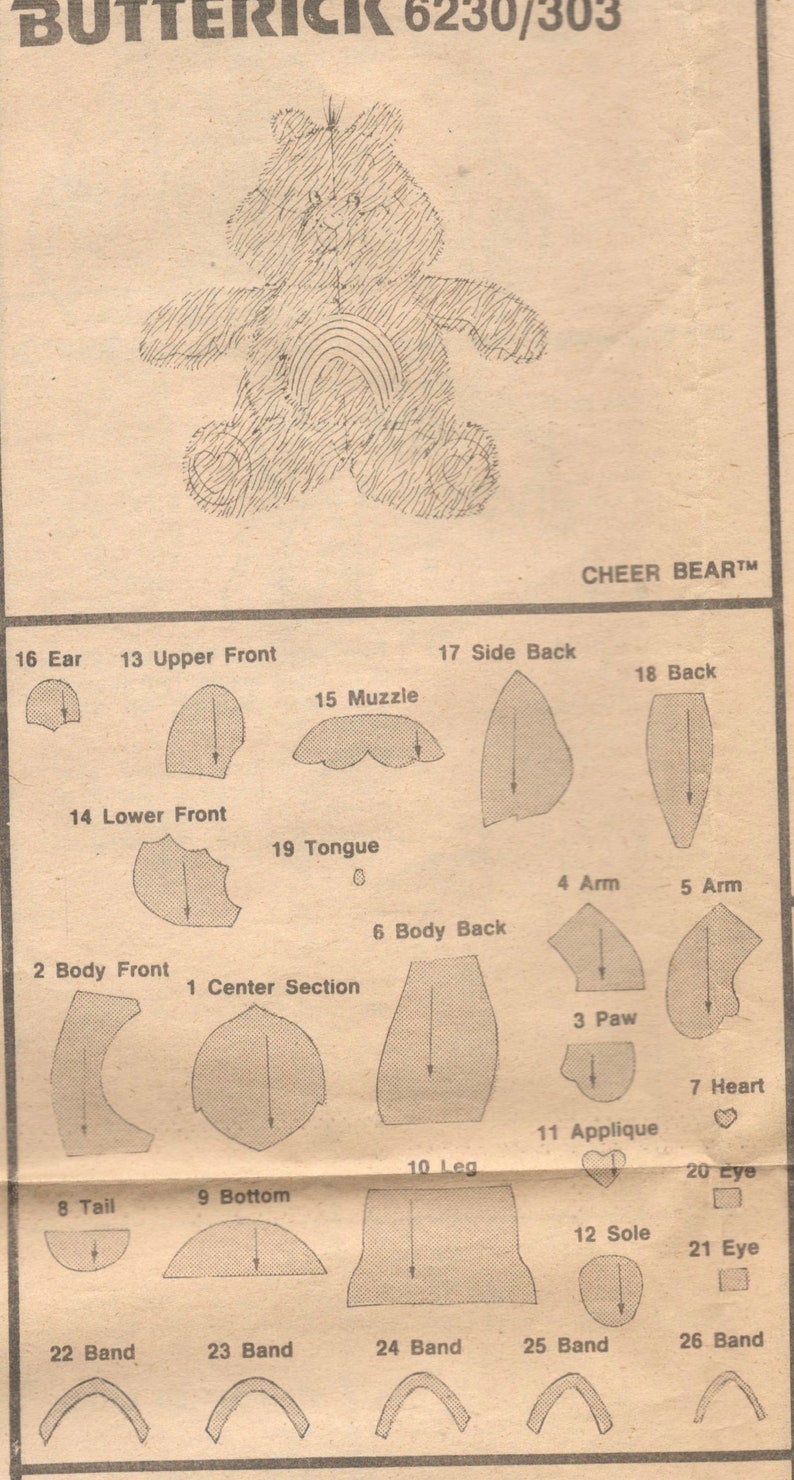 Butterick 6230 303 1980s CHEER BEAR Care Bear Pattern Vintage - Etsy