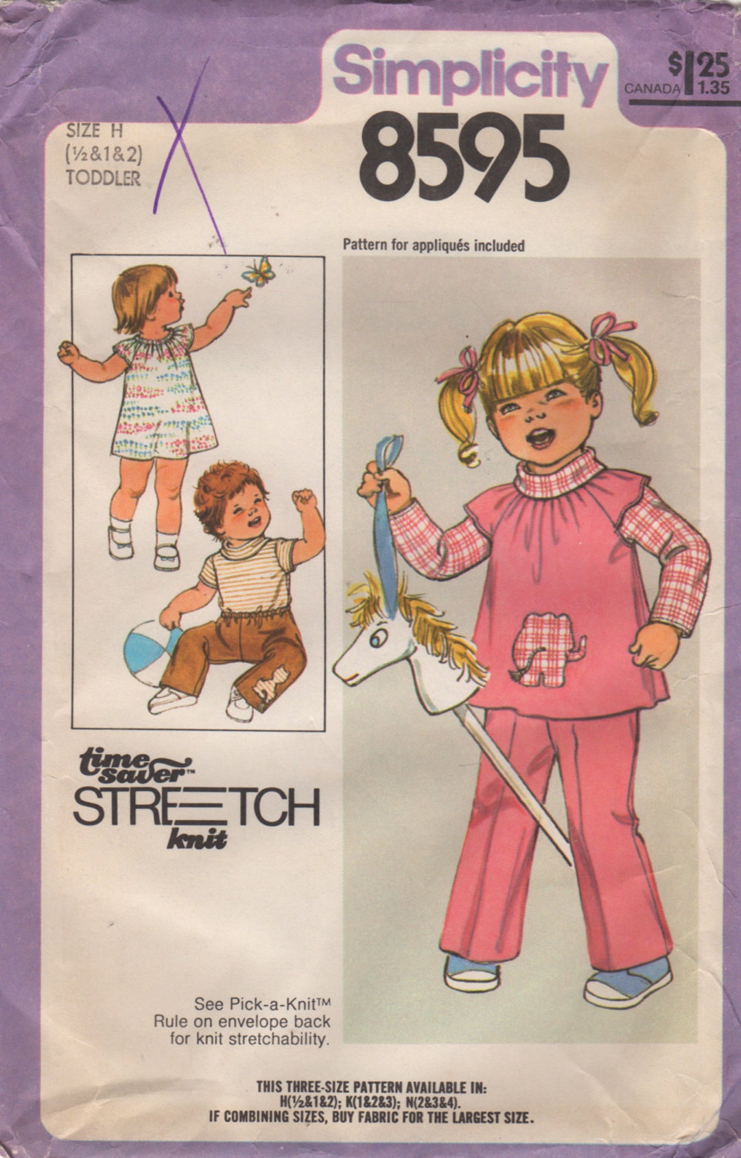Simplicity 8595 1970s Toddlers Pullover Dress Cowl Neck Top Pull on Pants Pattern Appliques Boys ...