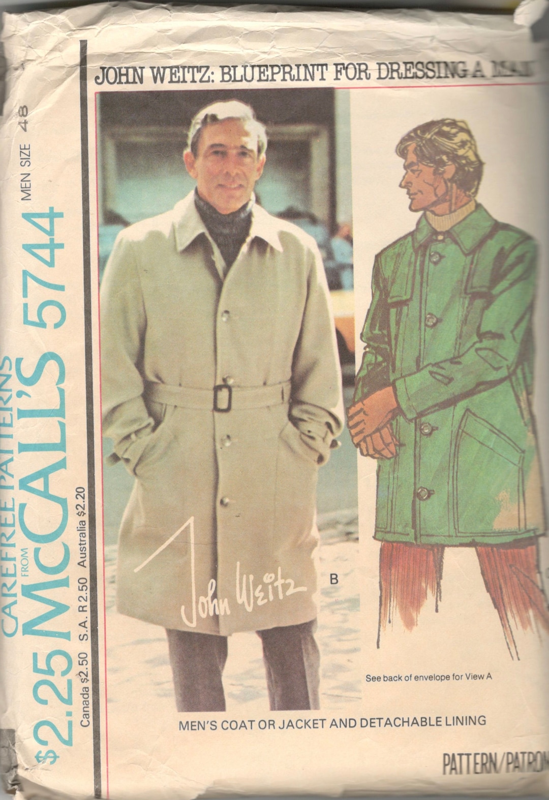 Mccalls 5744 1970s Mens Coat Pattern Overcoat Jacket Pattern John Weitz ...