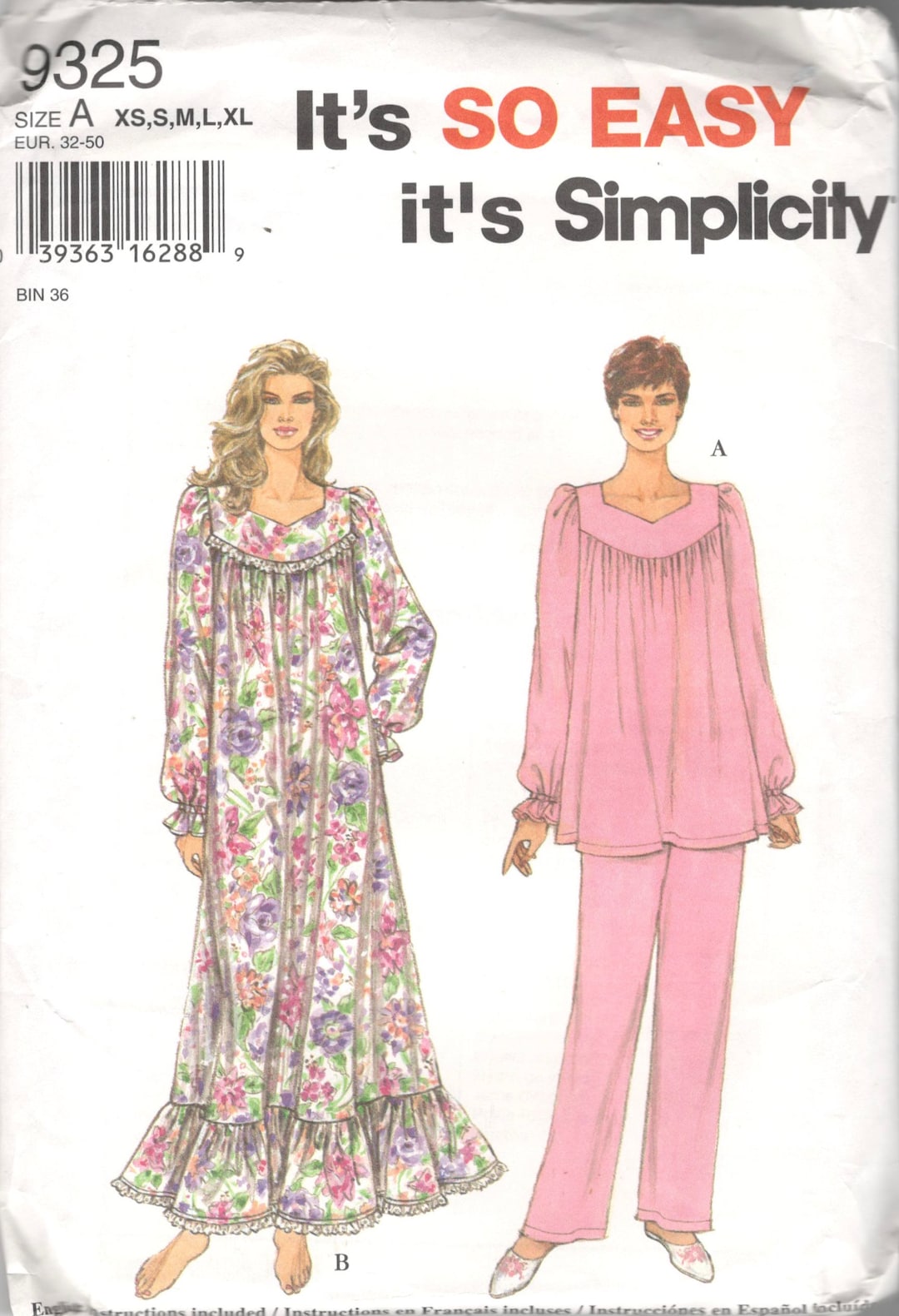 Simplicity 9325 1990s Misses Pullover Nightgown Pajamas Pattern Shaped ...