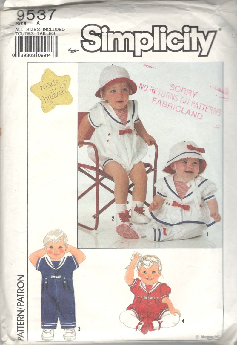 Simplicity 9537 1980s Babies Romper Jumpsuit Hat Pattern Boys - Etsy