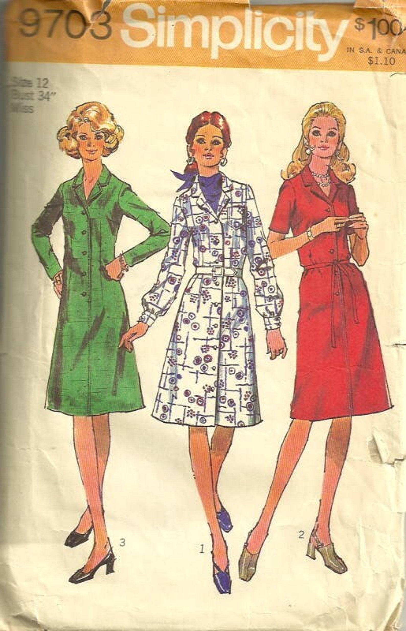 1970s Simplicity 9703 Misses Shirtdress Pattern Sleeve Options Womens ...