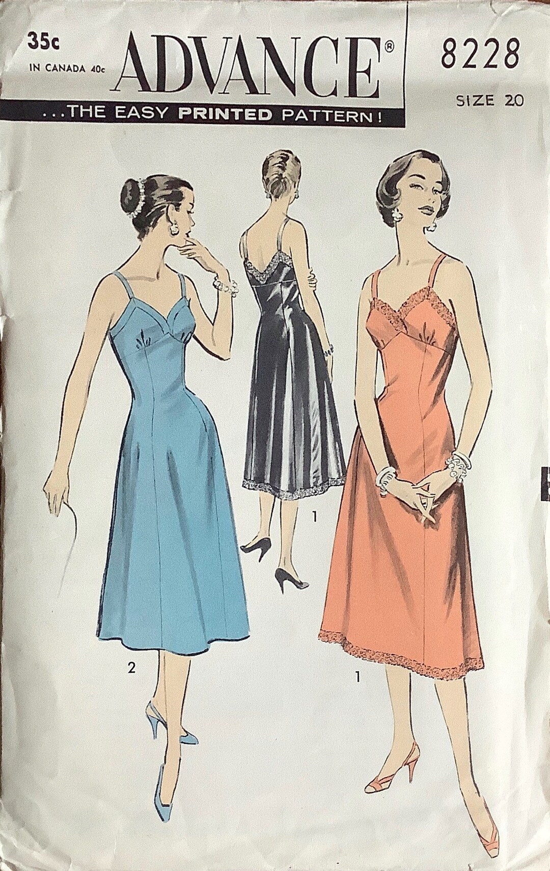 Advance 8228 1950s Misses Princess Seam Slip Pattern Lace Trim Molded ...