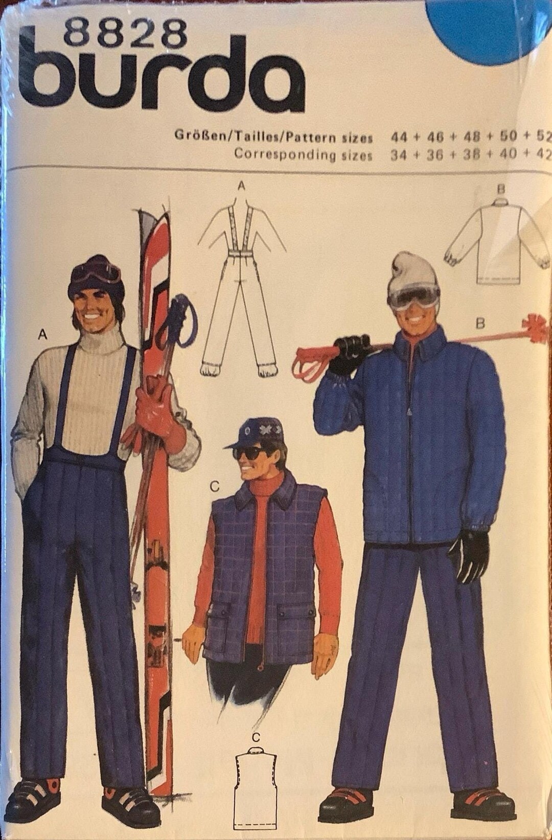 Burda 8828 Mens Puff Ski Jacket Vest Suspender Pants Pattern Use ...
