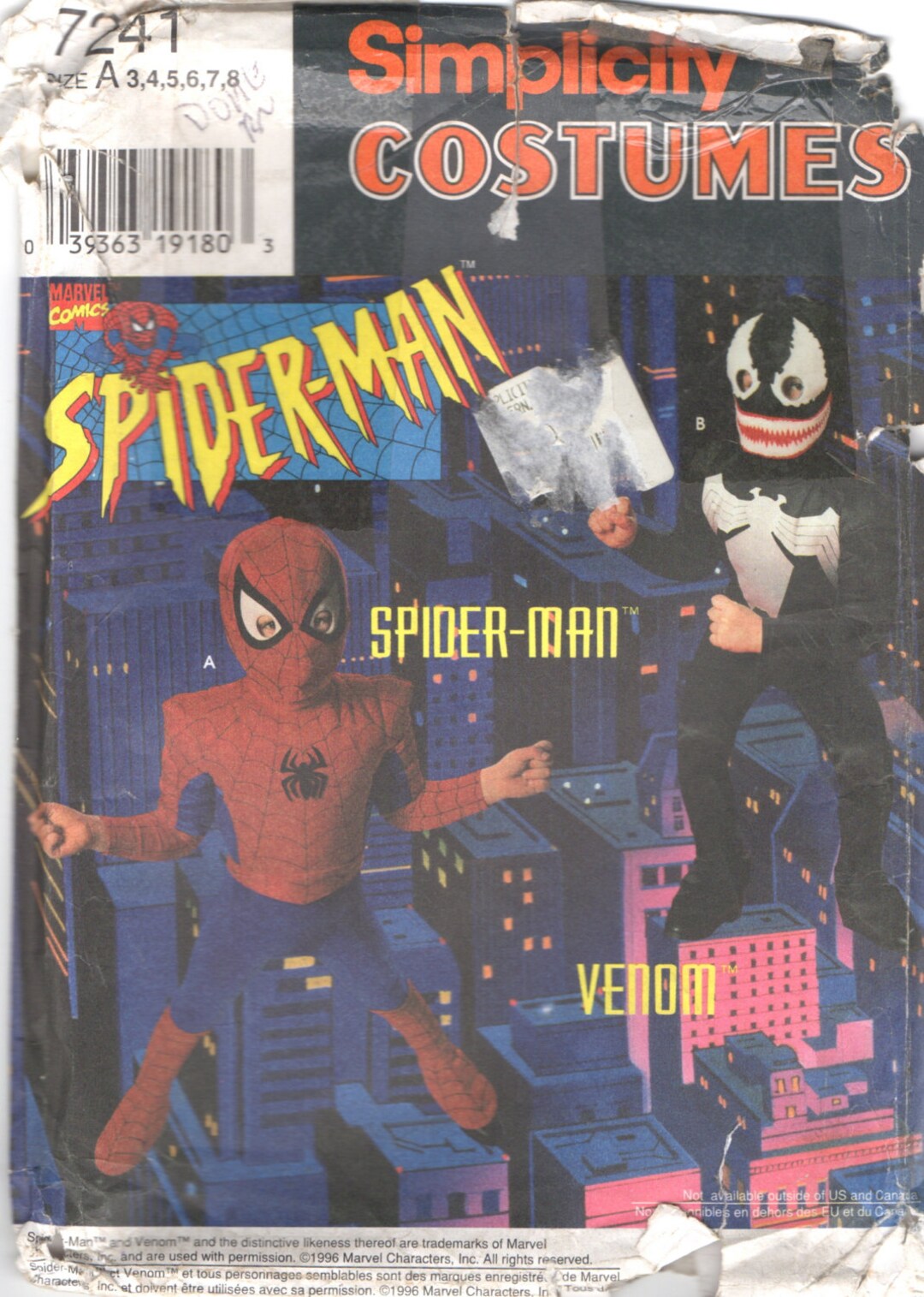 Simplicity 7241 Childs SPIDERMAN and VENOM Costume Pattern Marvel Comic ...
