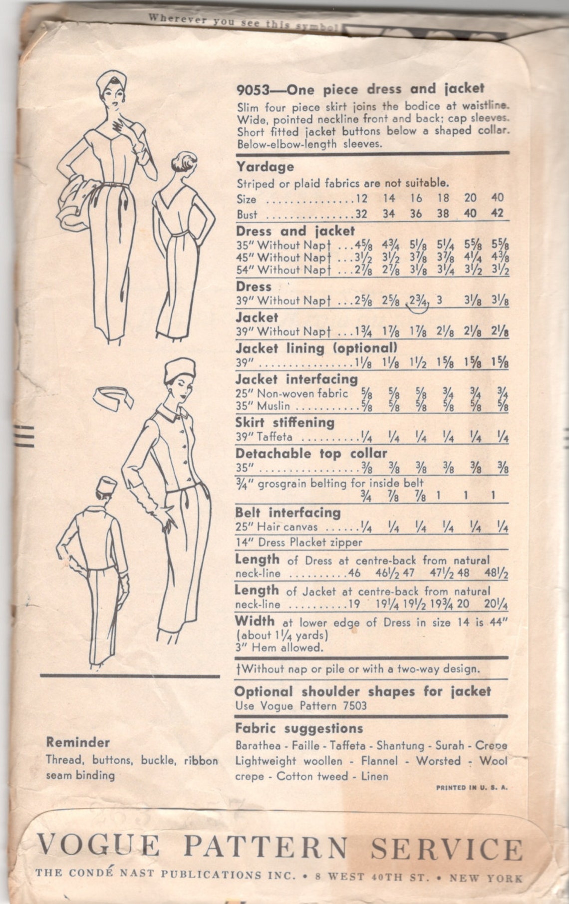 Vogue 9053 1950s Misses Slim V Front and Back Dress and Jacket Pattern ...