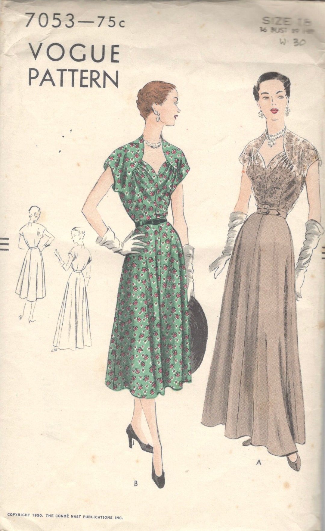 Vogue 7053 1950s Misses Evening Gown Dress Pattern Kimono Sleeves ...