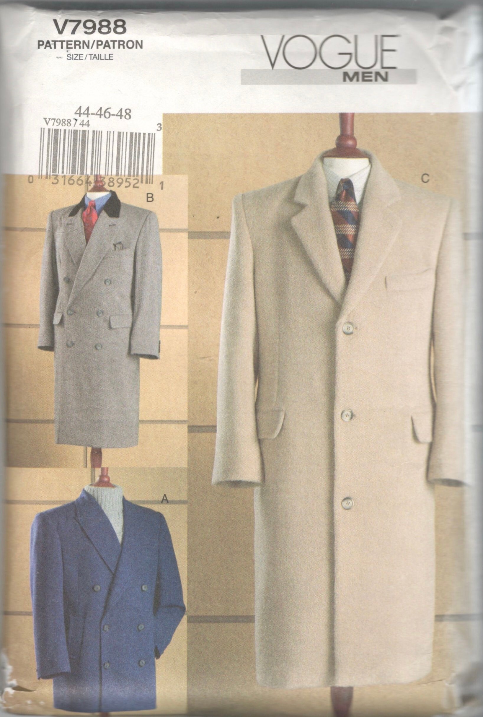 Vogue 7988 Mens Single and Double Breasted Coat Pattern Jacket | Etsy