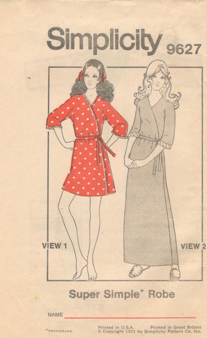 Simplicity 9627 1970s Misses Kimono Sleeve Robe Pattern Wrap and Tie ...