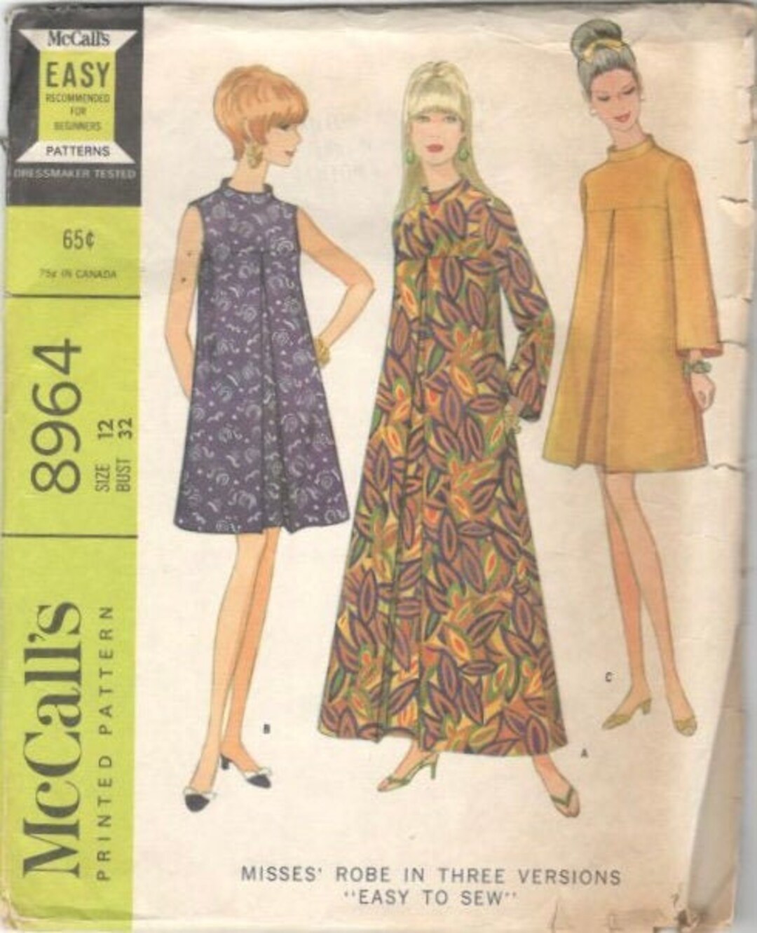 Mccalls 8964 1960s Misses Mod Robe Dress Pattern Bell Sleeves Staning ...