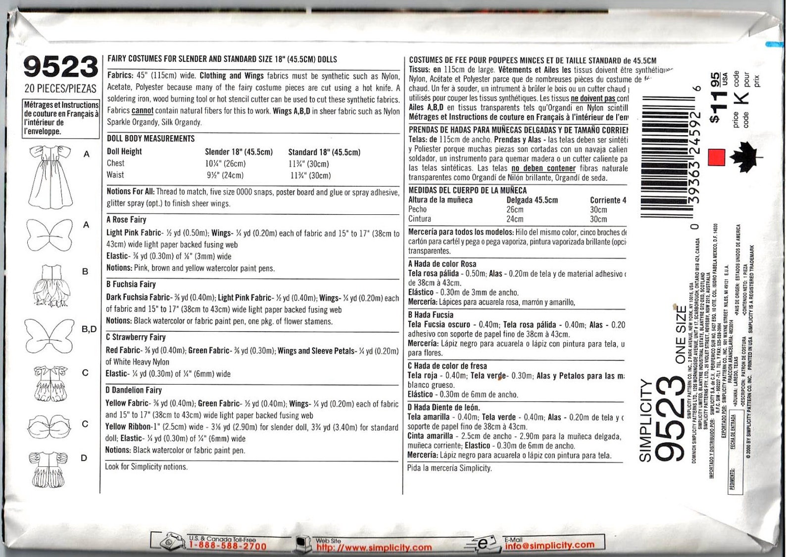 Simplicity 9523 Fairy DOLL CLOTHES Sewing Pattern for 18 Inch Doll ...