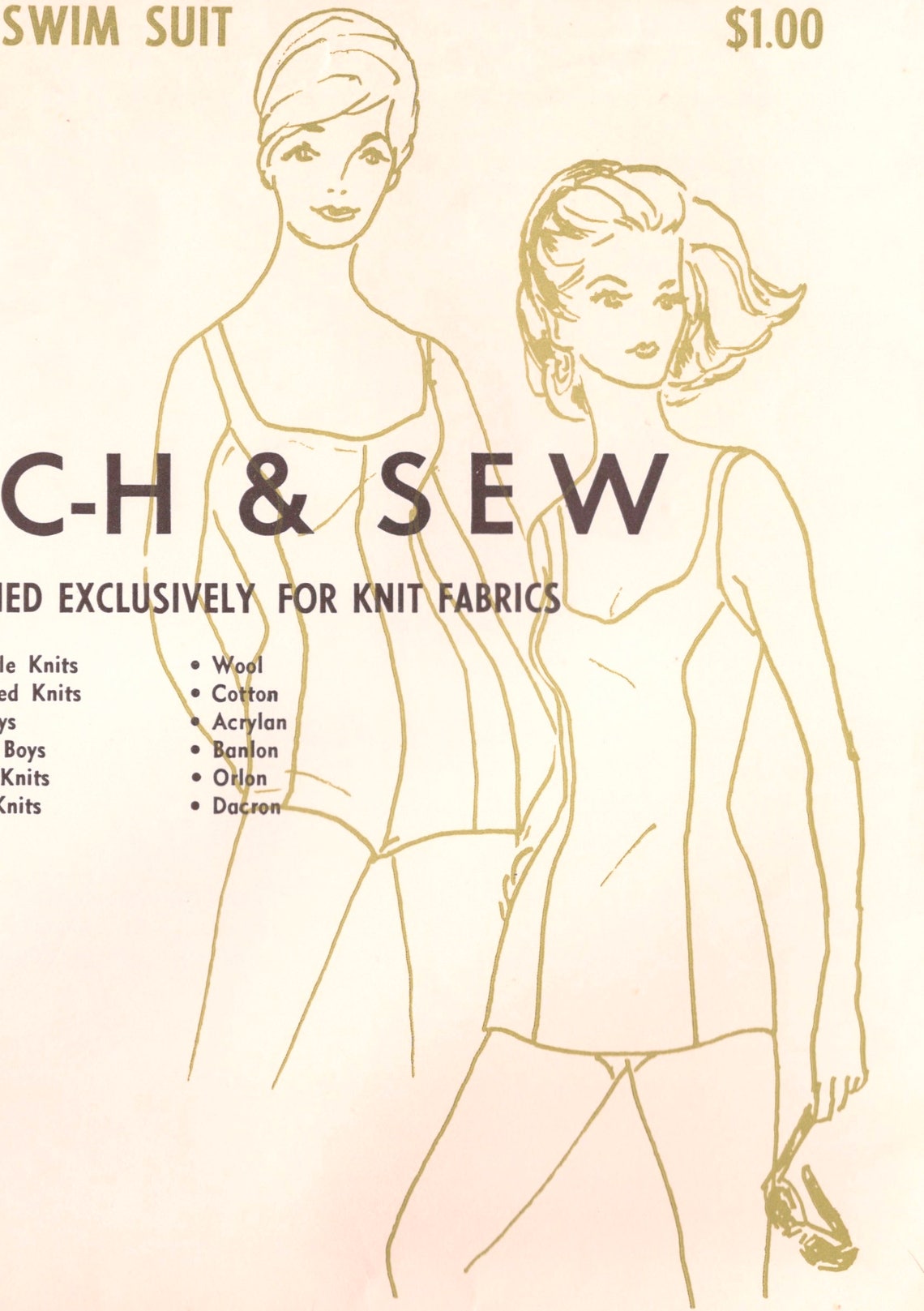 Stretch & Sew 1300 1300S 1960s Misses Swimsuit Pattern Optional Front ...