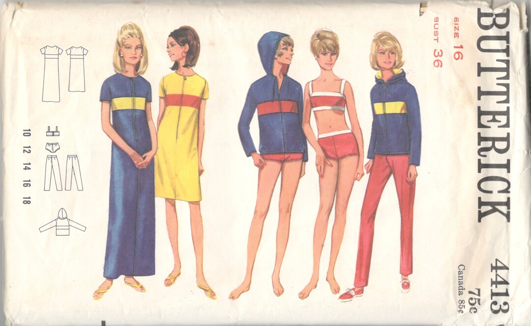 Butterick 4413 1960s Misses 2 Piece Swimsuit Dress Hooded Jacket Pants ...