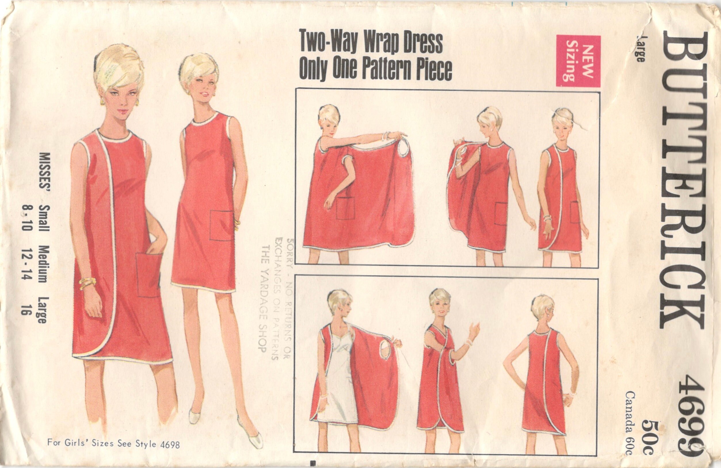 Butterick 4699 1960s Misses 3 Armhole Wrap Dress Pattern Womens Vintage ...