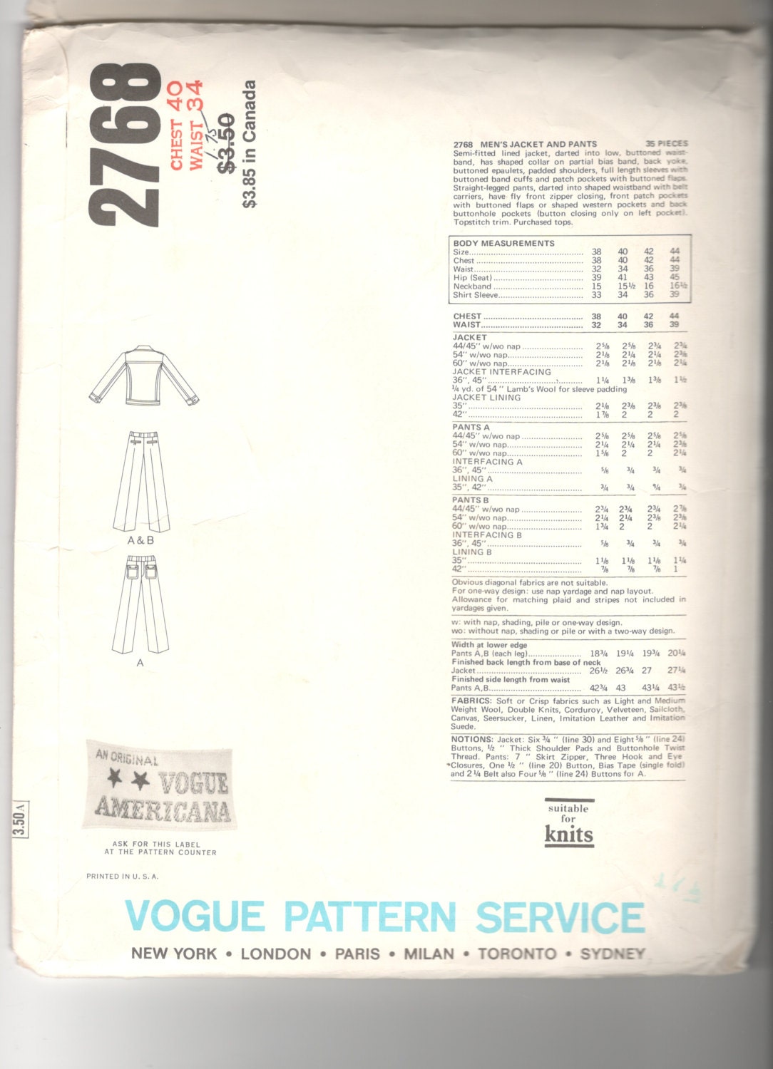 Vogue 2768 1970s Mens Aviator Suit Lined Jacket and Pants | Etsy