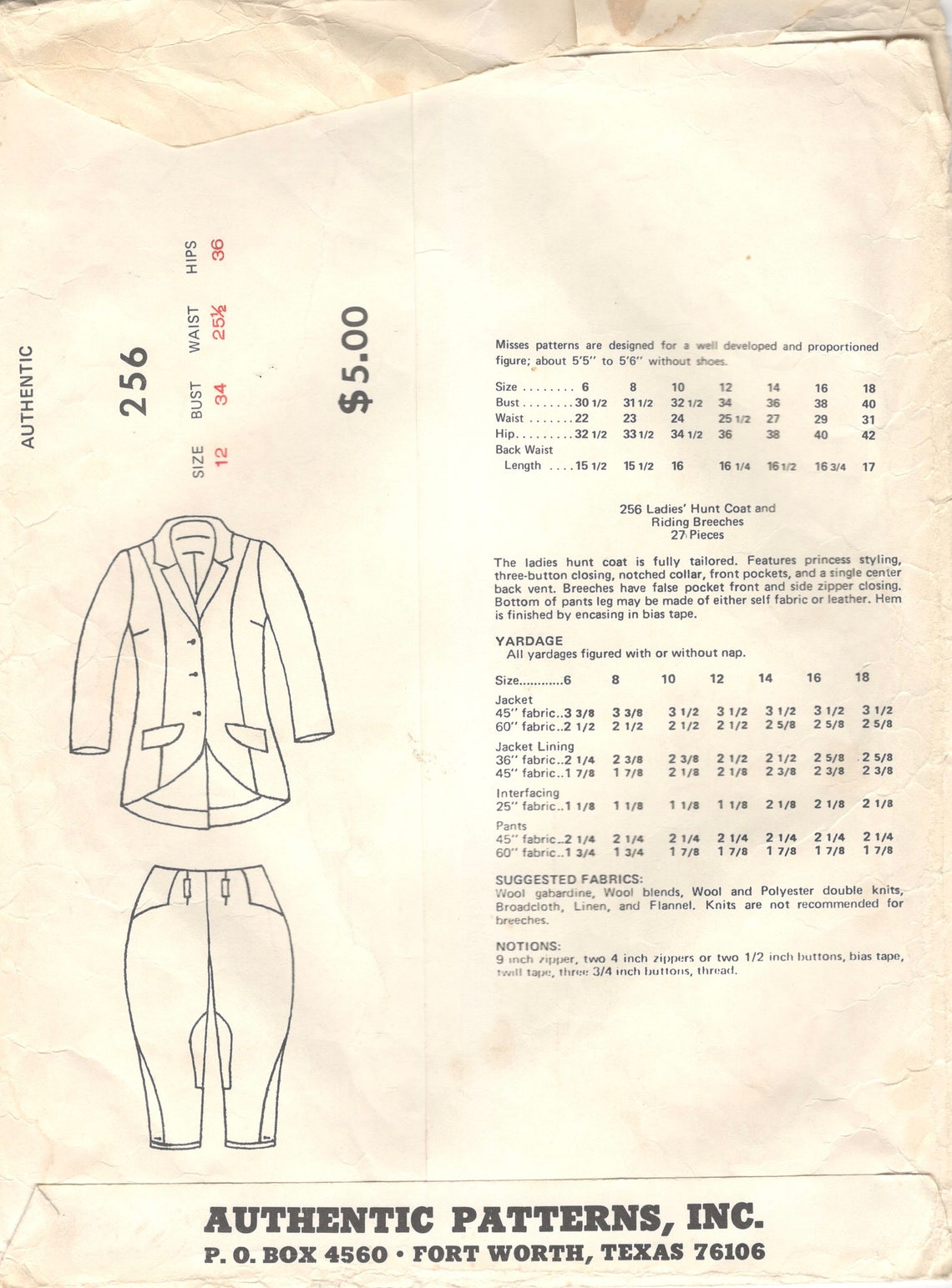Authentic Patterns 256 1980s Misses Lined Hunt Coat and Riding | Etsy