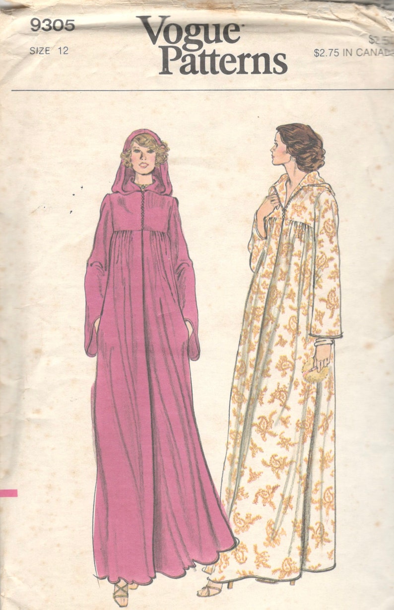 Vogue 9305 1970s Caftan Style Hooded Evening Length Dress Pattern Bell ...