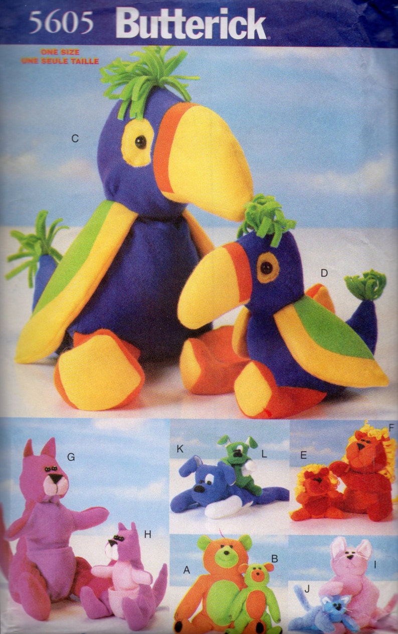 Buterick 5605 Bean Bag Animals Sewing Pattern Parrot Dog Dog Lion Bear ...