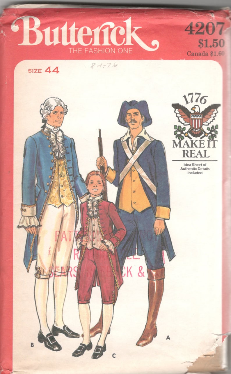 Butterick 4207 Mens 1776 Costume Pattern Bicentennial Coat Waistcoat ...