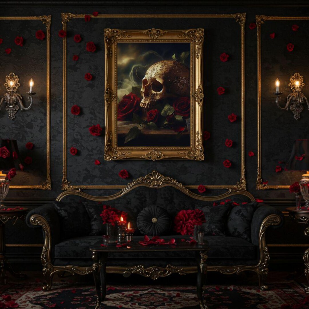 Gold Skull With Red Roses, Gothic Skull Wall Art, Baroque Skull Print ...