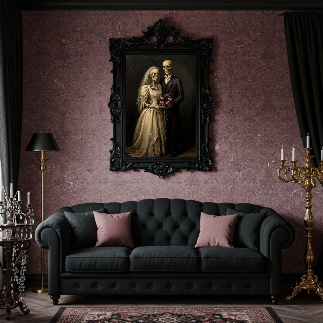 Gothic Skeleton Bride and Groom Wedding Portrait: Macabre Victorian Art ...