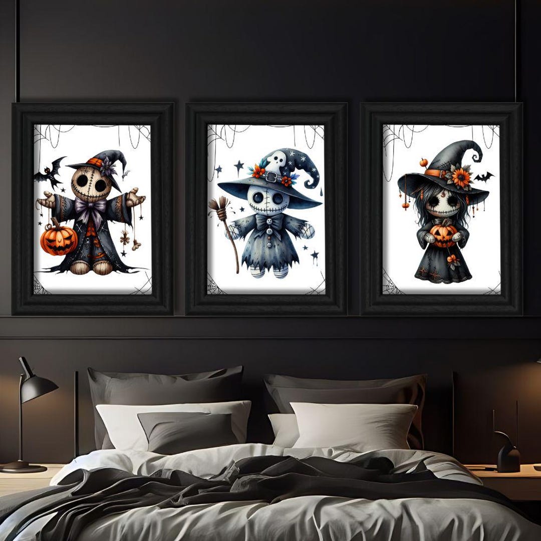 Trio of Voodoo Doll Art Prints in Witchy Halloween Outfits, Gothic Wall ...
