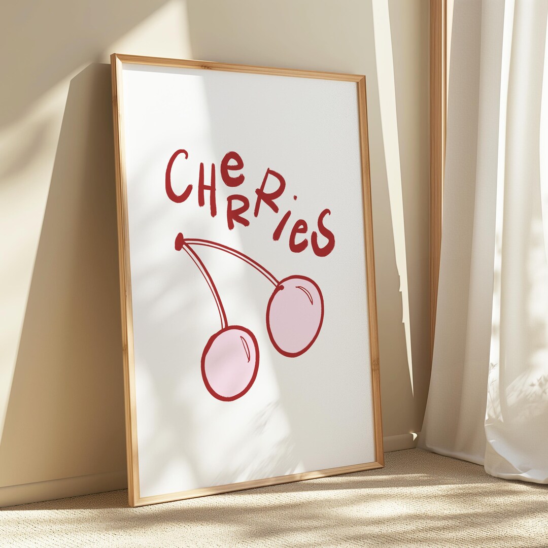Pink Cherries Trendy Wall Art, Cherries Hand Drawn Print, Cherry Poster ...