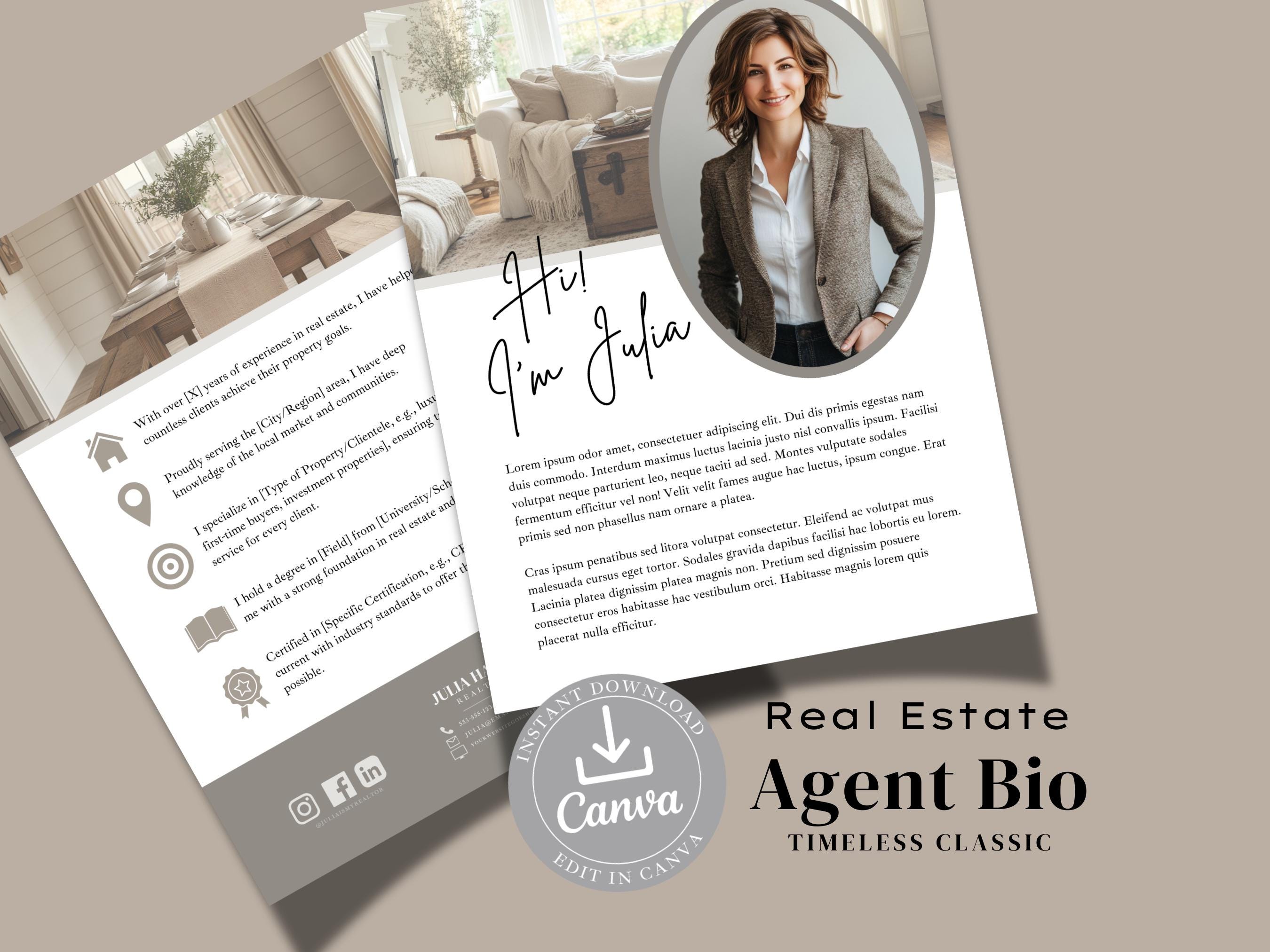 Realtor Bio | Information Sheet | Real Estate Canva Template | Agent ...