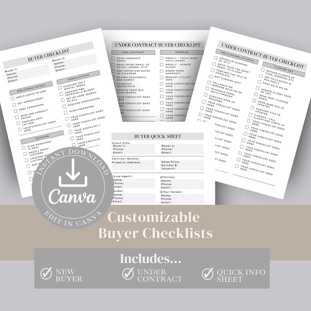 Real Estate Buyer Checklist, Customizable, Editable, Simple Modern - Etsy