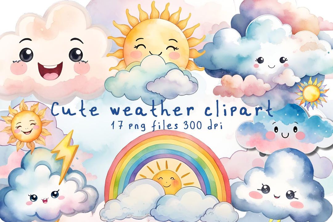 Watercolor Weather Clipart Set, Rainbow Cloud Sun Rain Illustration ...