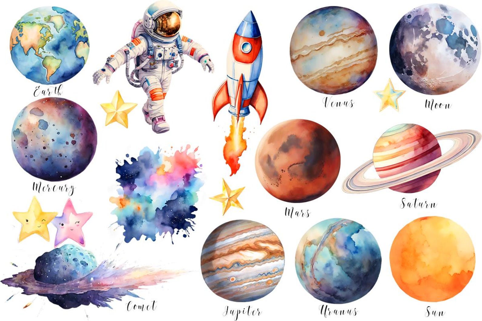 Space Watercolor Clipart, Solar System Clipart, Stars and Moon PNG ...