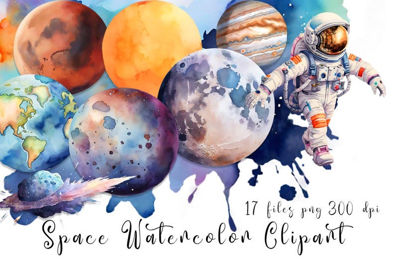 Space Watercolor Clipart, Solar System Clipart, Stars and Moon PNG ...