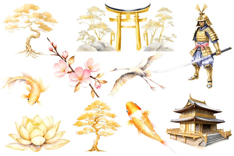 Japanese Watercolor Clipart, Traditional Japanese Clipart, Gold Clipart ...