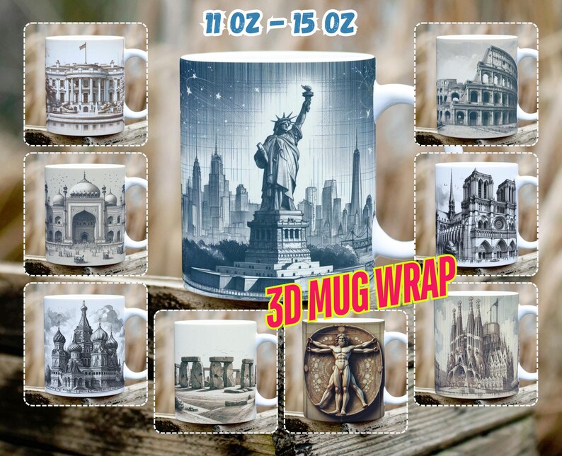 Landmark Mug Wrap: Statue of Liberty, Stonehenge, Colosseum (digital ...