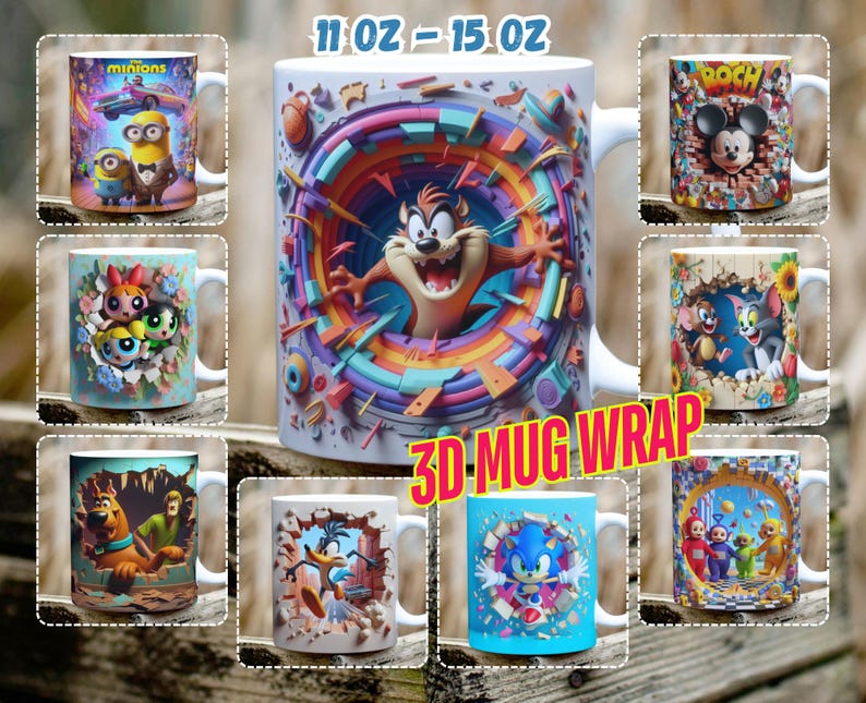 3D Cartoon Mug Wrap Bundle: 11oz & 15oz PNG Template (digital Download ...