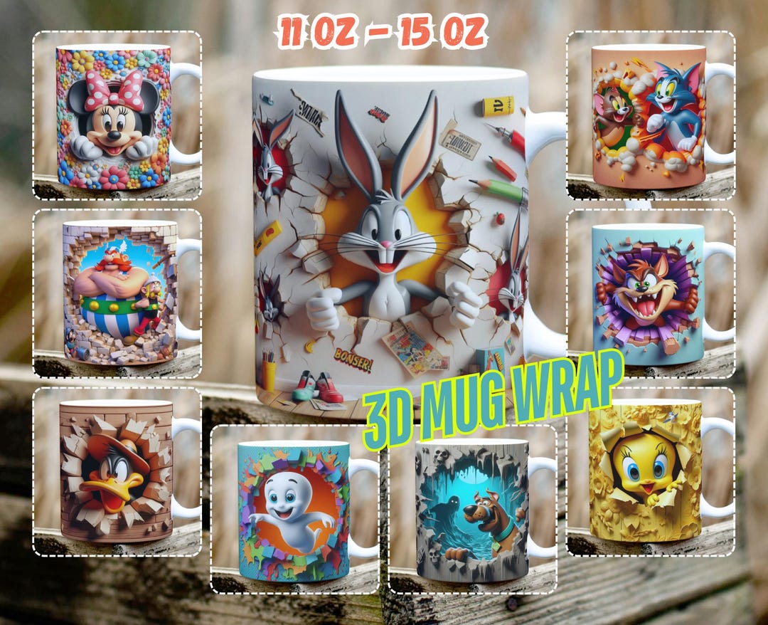 3D Cartoon Character Mug Wrap: 11oz & 15oz PNG Template (digital ...