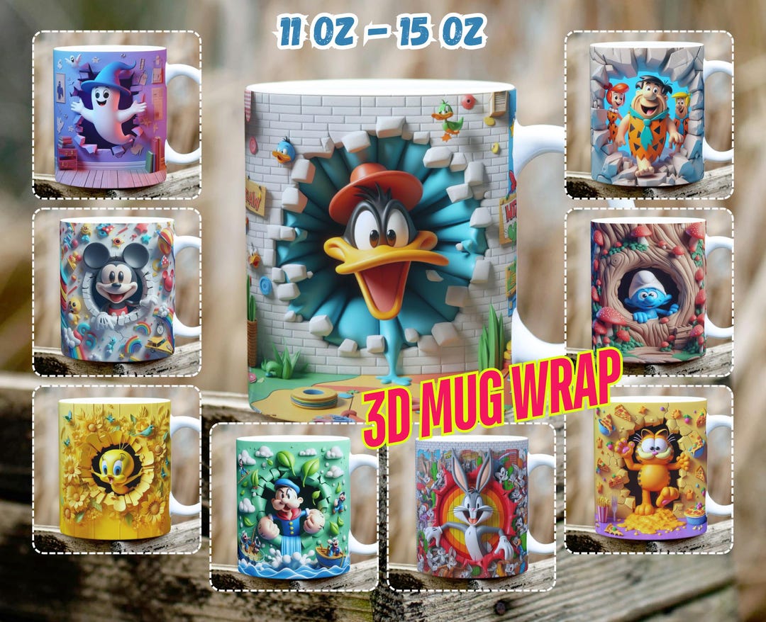 3D Cartoon Character Mug Wrap Bundle: 11oz & 15oz PNG Template (digital ...