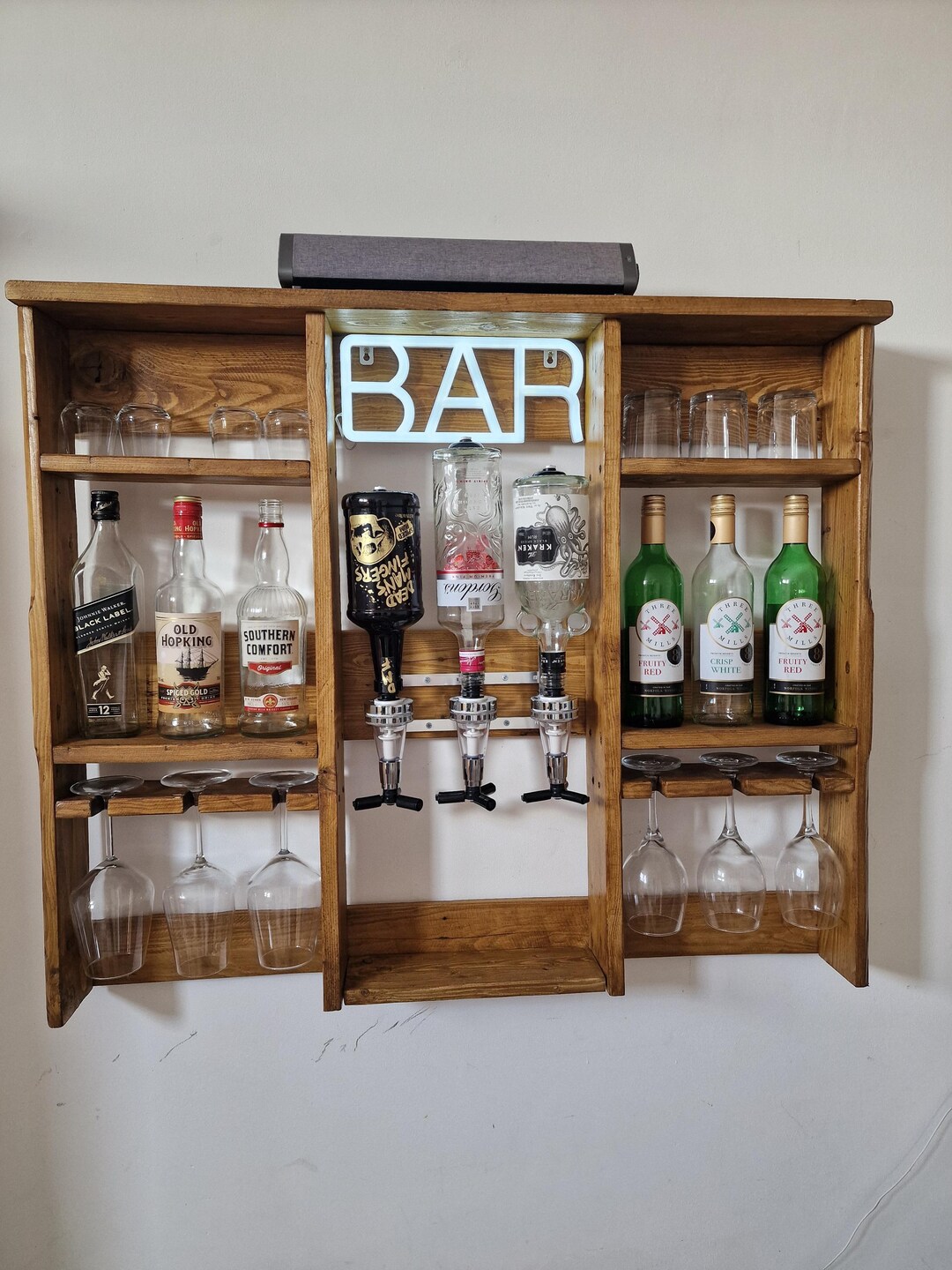 Handmade Wooden Home Bar | Wall Mounted With Led BAR Sign and 3 Bottle ...