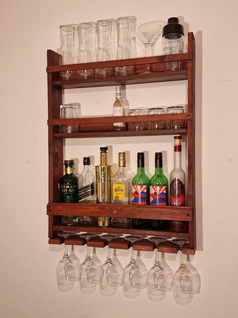 Handmade Wooden Wall Bar | 3-tiers and 6 Glass Holders | Aesthetic and ...
