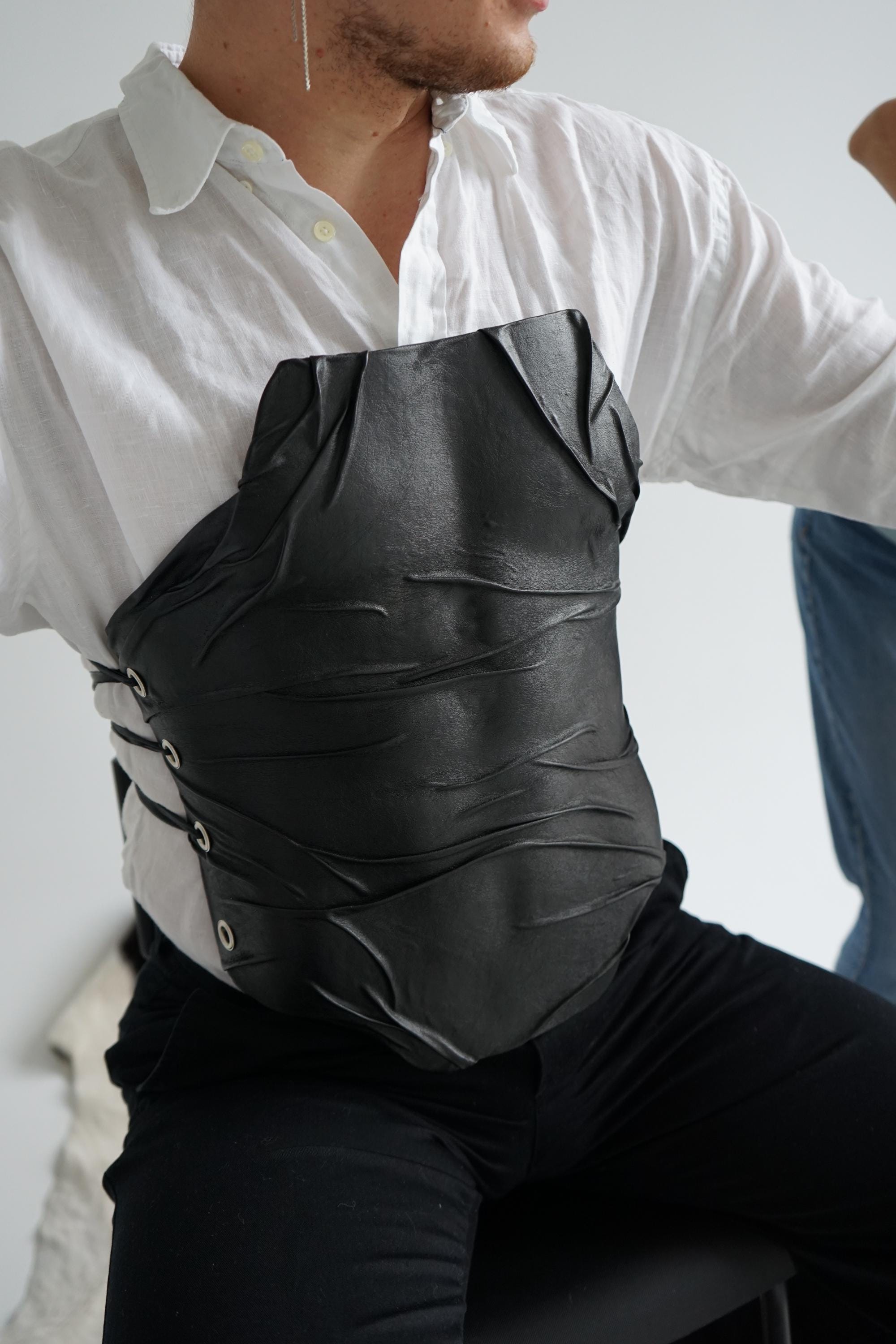Elegant Men's Corset Armor Chest, Black Italian Eco Leather Corset ...