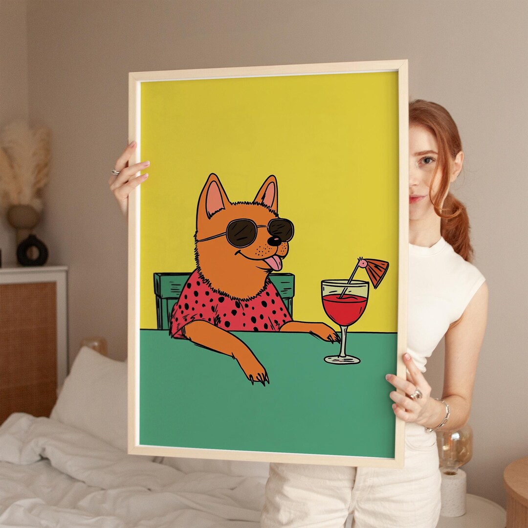 Funny Dog Poster, Partying Dog, Cartoon Poster, Nursery Print, Yellow ...