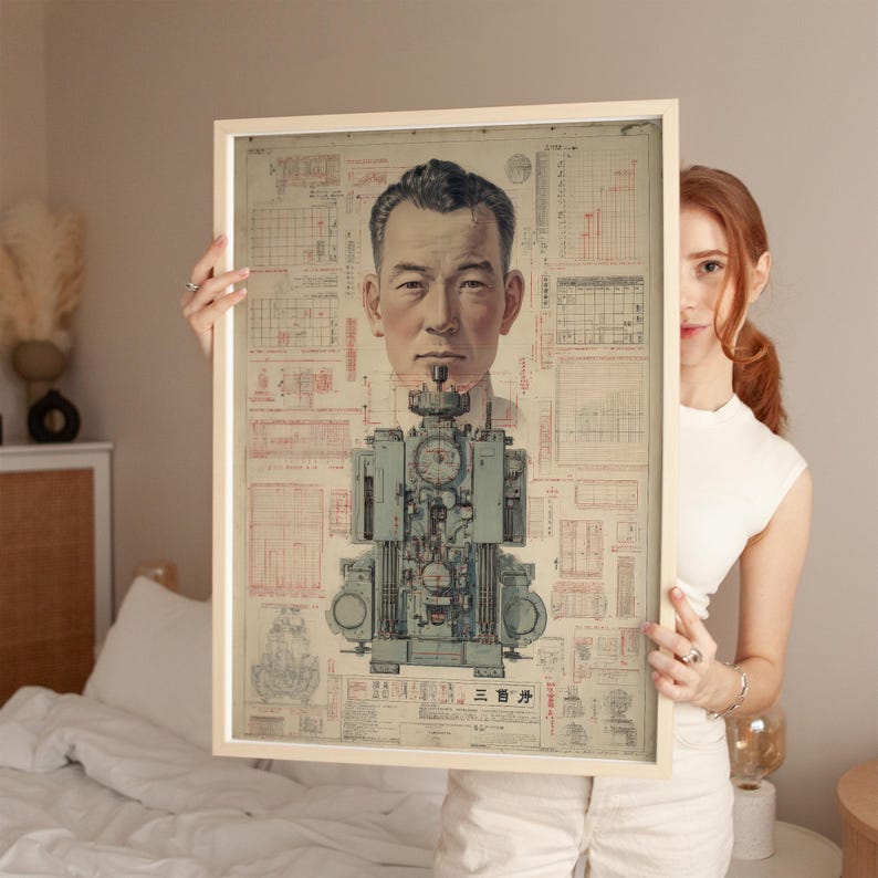 Vintage Industrial Blueprint With Man Portrait, Technical, Digital ...