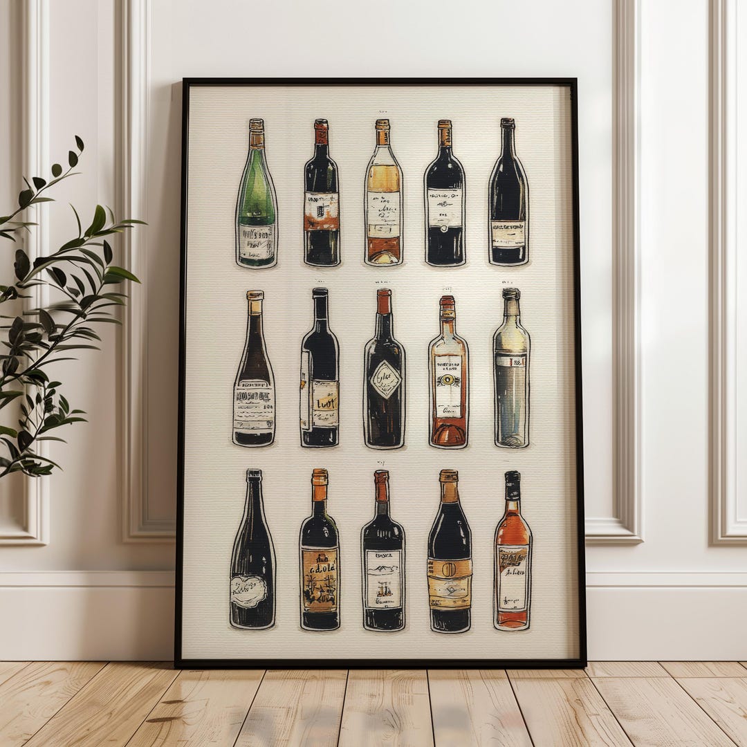 Wine Selection Art Poster: Handdrawn Bottles Illustration , Digital ...