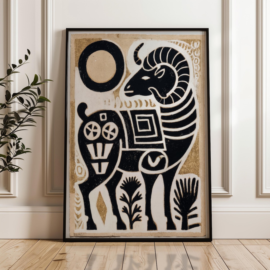 Traditional Mexican Ram Poster - Black and Gold Folk Art Print ...